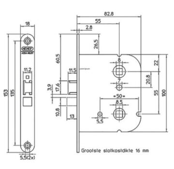 Nemef toilet-badkamer slot 1444-55mm met staal gelakte voorplaat ...