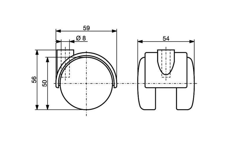 Meubelwiel chroom Hard 50 mm Stift M8 | Online Deurbeslagshop