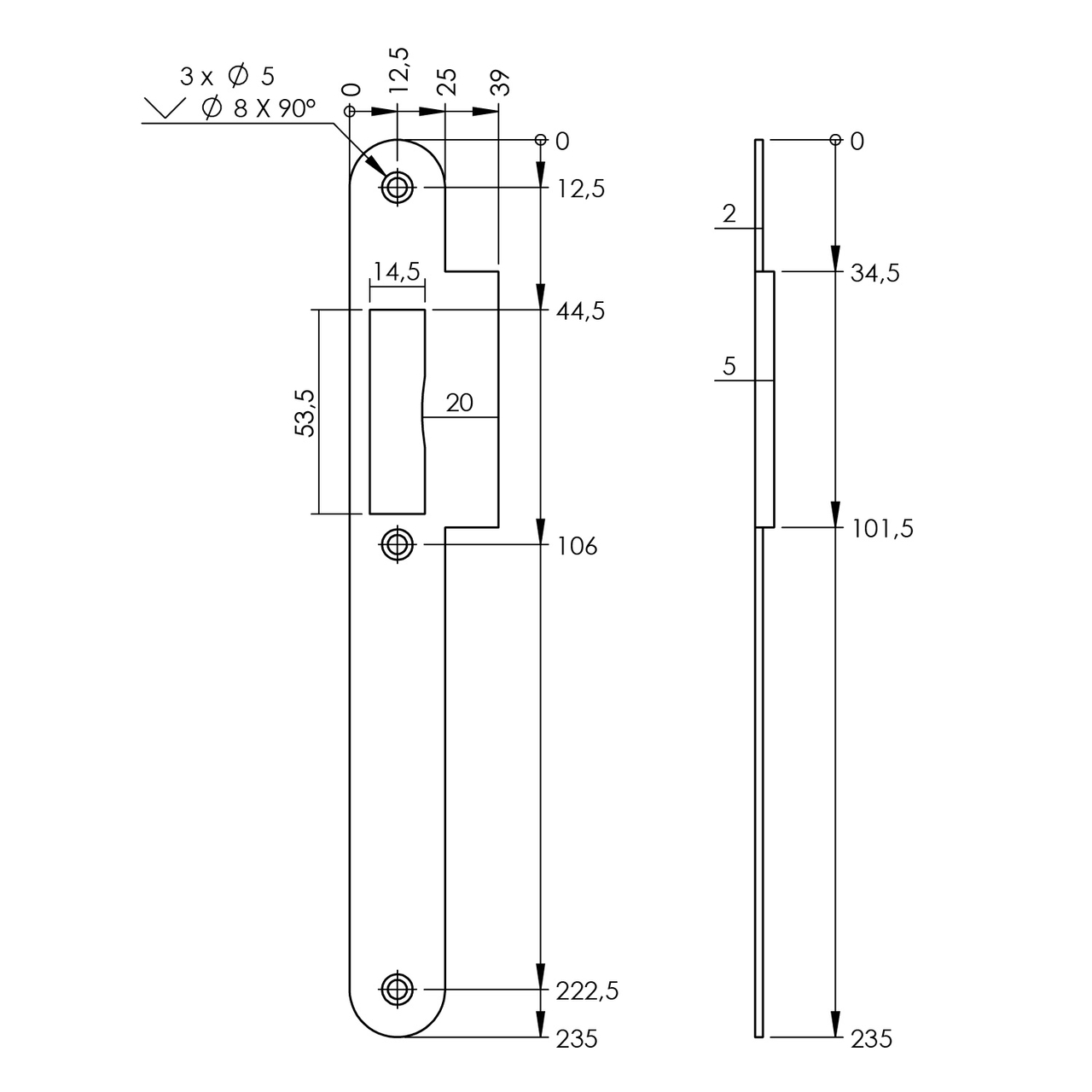 P+E Sluitplaat voor projectsloten met dagschoot DIN links 235x25mm rvs ...