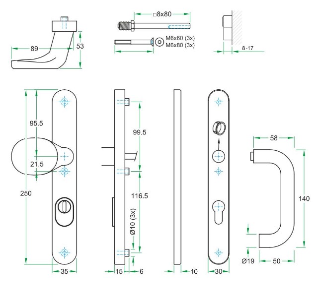 SKG3 PC72 knop/kruk U op ovaal smal schild PRIO + kerntrekbeveiliging ...